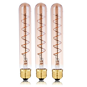 Dimmable 4W Tube LED Eison Bulb, T10 Vintage Long LED Bulb 40 Watt Equivalent Warm White 2700K, E26 Medium Base Amber Colored 7.3 Inch Long tubular edison bulb, 3 Pack