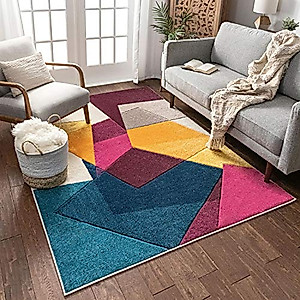 Well Woven Strata Squares Blue Purple Fuchsia Yellow Orange Modern Geometric Hand Carved 8x10 (7'10" x 9'10") Area Rug Easy to Clean Stain & Fade Resistant Thick Soft Plush