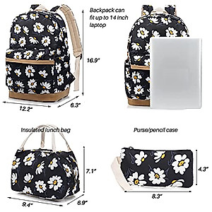 HUHUTU School Bag Set, Daisy Laptop Backpack Lunch Bag Pencil Case