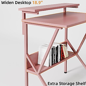 COTUBLR Small Desk, 27.5 Inch Small Computer Desk for Small Spaces, Computer Desk with Adjustable Monitor Stand, Compact Desk with Storage, Tiny Desk Study Desk for Bedroom Home Office, Pink