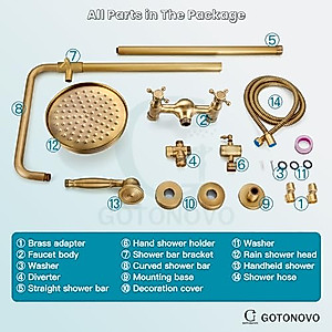 gotonovo Antique Brass Exposed Shower Fixture Set 8 Rain Shower Head 2 Double Knobs Cross Handle Shower Faucet Combo System Unit Set Dual Function
