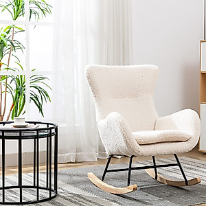 Dolonm Modern Nursery Rocking Chairs Upholstered Rocker Glider for Baby Nursery Teddy Fabric Armchair with High Back and Armrests Accent Chair Single Sofa Chair for Living Room Bedroom Balcony, Beige