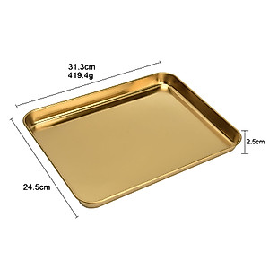 Stainless Steel Food Serving Tray, Rectangular Decorative Mirrored Serveware Platter Bottom Tray for Flat Bottom Plate Restaurant Home Golden Flat Gold