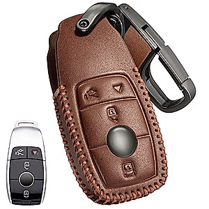 Slohif for Benz Leather Key Fob Cover Accessories for 2020-2021 Mercedes GLC 300 GLB 250 GLE350 4 Buttons, Leather Case+D-Ring+Hook(Brown)