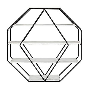 Kate and Laurel Lintz Large Octagon Shaped Floating Wood Book Shelves for Decorative Wall Storage, Black Metal Frame with White Shelves
