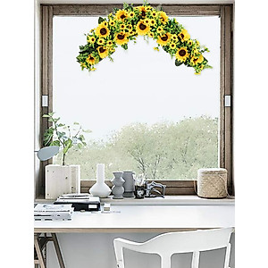 MGQ Artificial Sunflower Swag,27.6 Inch Rustic Artificial Floral Swag Decorative Swag with Sunflowers Green Leaves,Wedding Arch Flowers,Handmade Garland,Front Door Hanging Wreath for Home Garden Decor