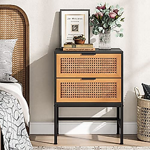Tribesigns Nightstands with Rattan Drawers, Modern Wood Night Stands, Bedside Table with Storage, Black 2 Drawers End Table, Vintage Sofa Side Table, Retro Bed Side Table Bedroom Living Room(PCS 2)