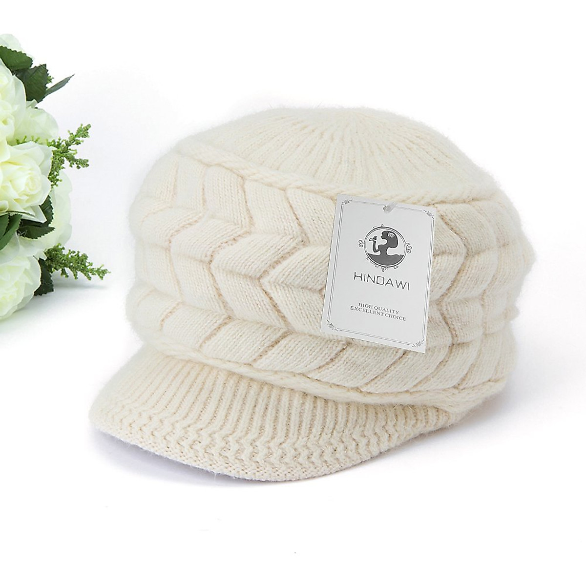 HINDAWI Women Winter Warm Knit Hat Wool Snow Caps with Visor, Beige