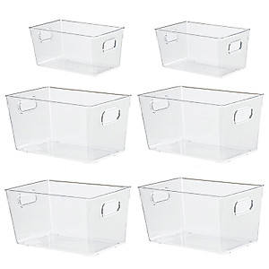 ZEXALOR 6pcs Plastic Storage Bin 2-Size Clear Storage Containers for Kitchen Pantry Organization and Storage Bins, Organizing Bins with Built in Handles, Cabinet Organizers, Clear