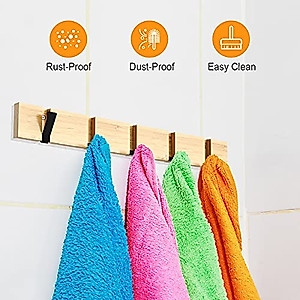 GOGOCOOL Bamboo Wall Mounted Coat Hooks Hanger, 20kg Maximum Bearing, Black Foldable Hook Type, Natural Wall Coat Hanger, 70mm Space Between Hook and Hook(5 Hooks)