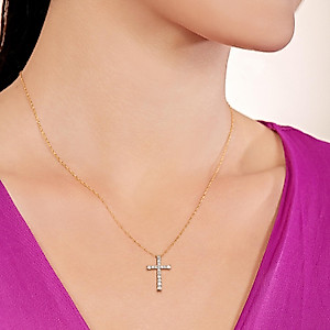 Jewelili Cross Pendant Necklace for Women in 10K Yellow Gold with 1/2 CTTW Natural White Round Diamonds | 18 inch Gold Filled Rope Chain