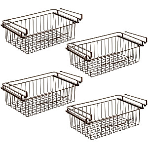 mDesign Large Metal Wire Hanging Pullout Drawer Basket - Sliding Under Shelf Storage Organizer - Attaches to Shelving - Easy Install - 4 Pack - Bronze