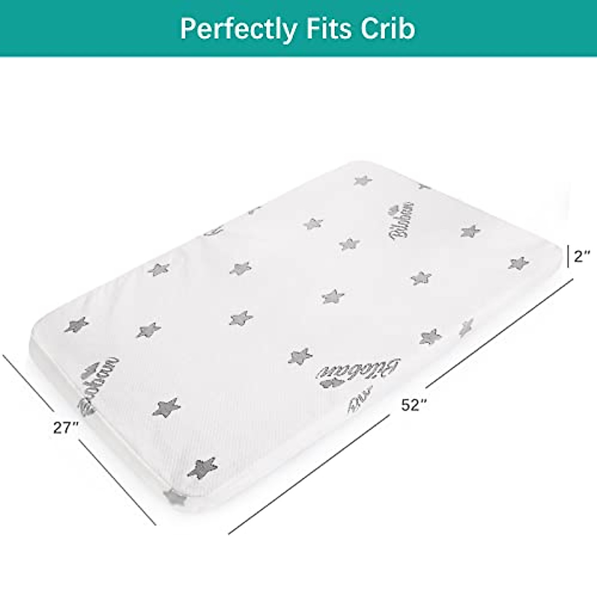 Crib Mattress Topper Memory Foam 2-Inch Fit Standard Crib/Toddler Bed Mattress with Removable Bamboo Crib Mattress Pad Topper Cover Protector Machine Wash & Non-Slip | 52“x 27“