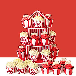 Popcorn Cupcake Wrappers - Red and White Striped - Cute Circus Party Supplies and Carnival Decorations - Movie Night Theme - Easy Set Up For Birthday Parties and Celebrations - Set of 48