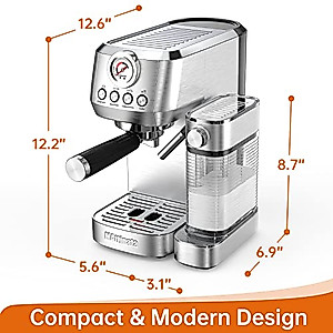 MAttinata Cappuccino Machine and Espresso Machine, 20 Bar Stainless Steel Latte Maker and Espresso Machine for Home with Automatic Milk Frothing System