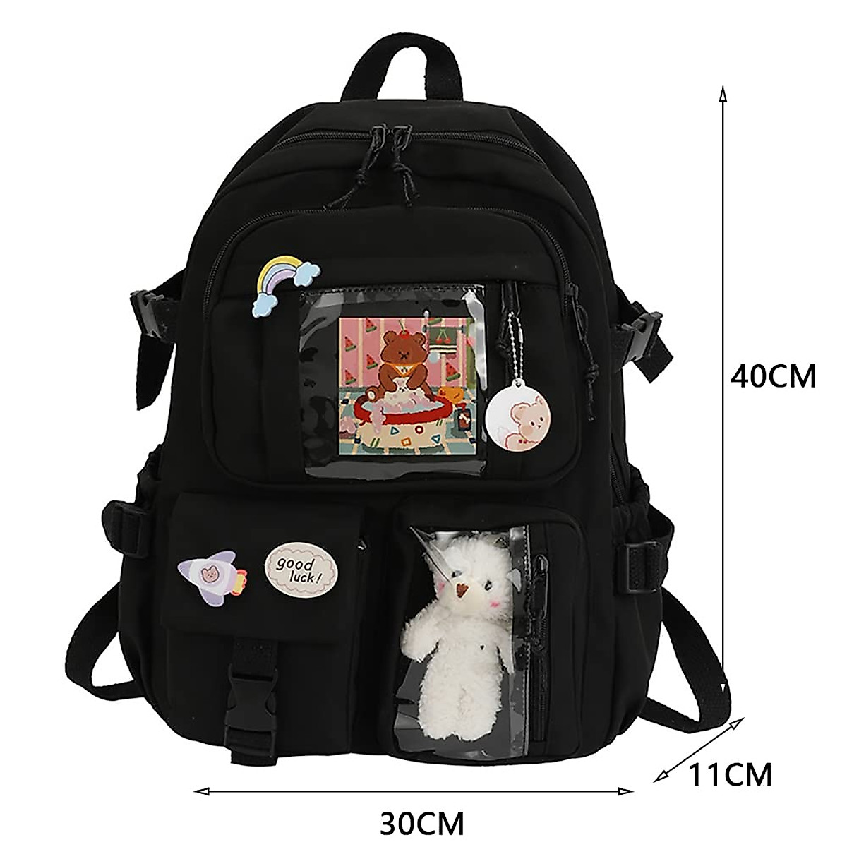 Kawaii Backpack, with Kawaii Pin and Cute Accessories Backpack Cute Aesthetic Backpack for School Capacity Rucksack(02-Black)