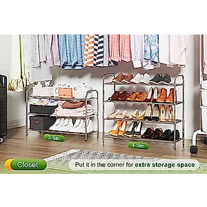 SKIKEN 4-Tier Expandable Shoe Rack, 100% Stainless Steel,4-Rod Extendable and Adjustable Feet, Simple Stretchable Shoe Shelf, Small Space Shoe Rack for Entryway, Stair Sides, Closet