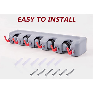 Xifando Broom and Mop Holder Wall Mount -Mop and Broom Storage Rack Wall Mounted Utility Rack (3 Slots 4 Hooks-Grey)