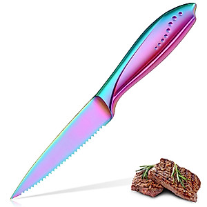 WELLSTAR Utility Knife, 4 Inch Serrated Paring Knife with Super Sharp Rainbow High Carbon Stainless Steel Blade for Fruit Vegetable Cutting Peeling Slicing