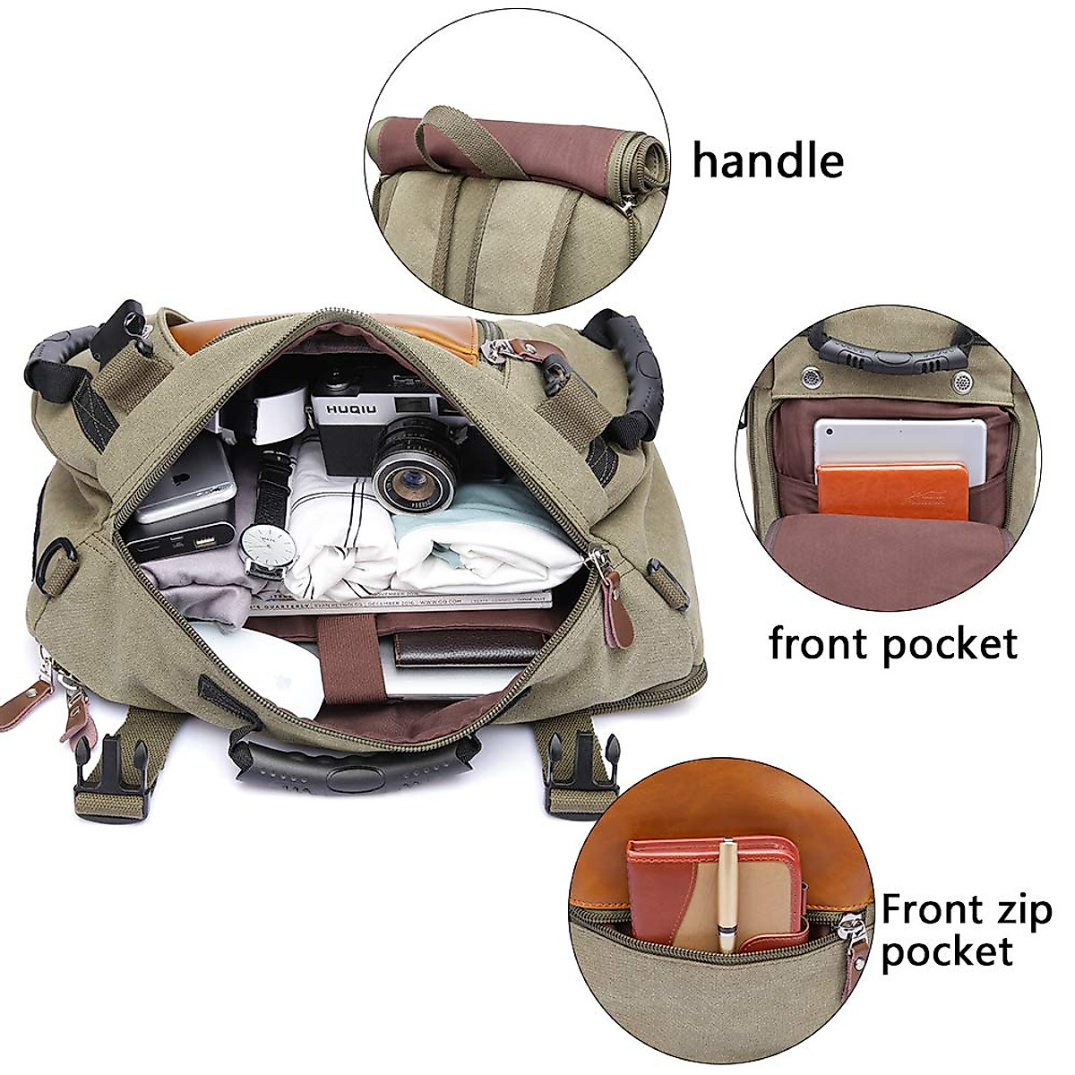 KAKA travel Laptop backpack,canvas rucksack duffel bag laptop weekender travel carry on bags for men,mens canvas rucksack laptop backpack fit 15.6'' Notebook with hidden shoulder strap ,Green