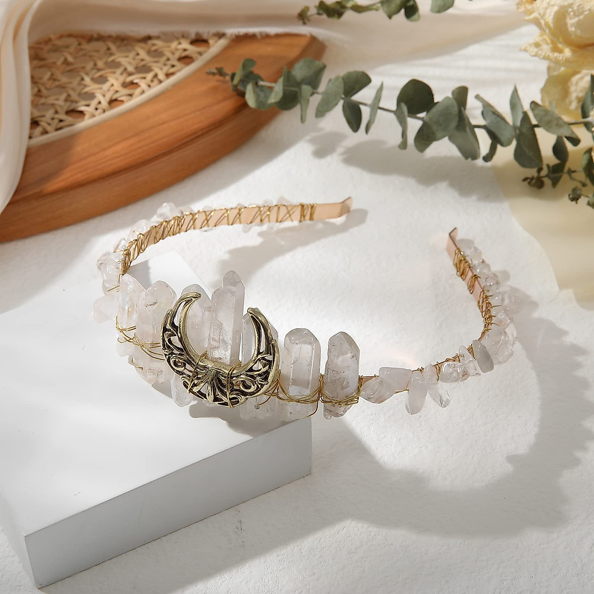 Raw Crystal Quartz Tiara Headband - Moon Stars Crystal Boho Tiara Hairband Sun Goddess Crown Wedding Bride Headpiece for Woman(moon (white))