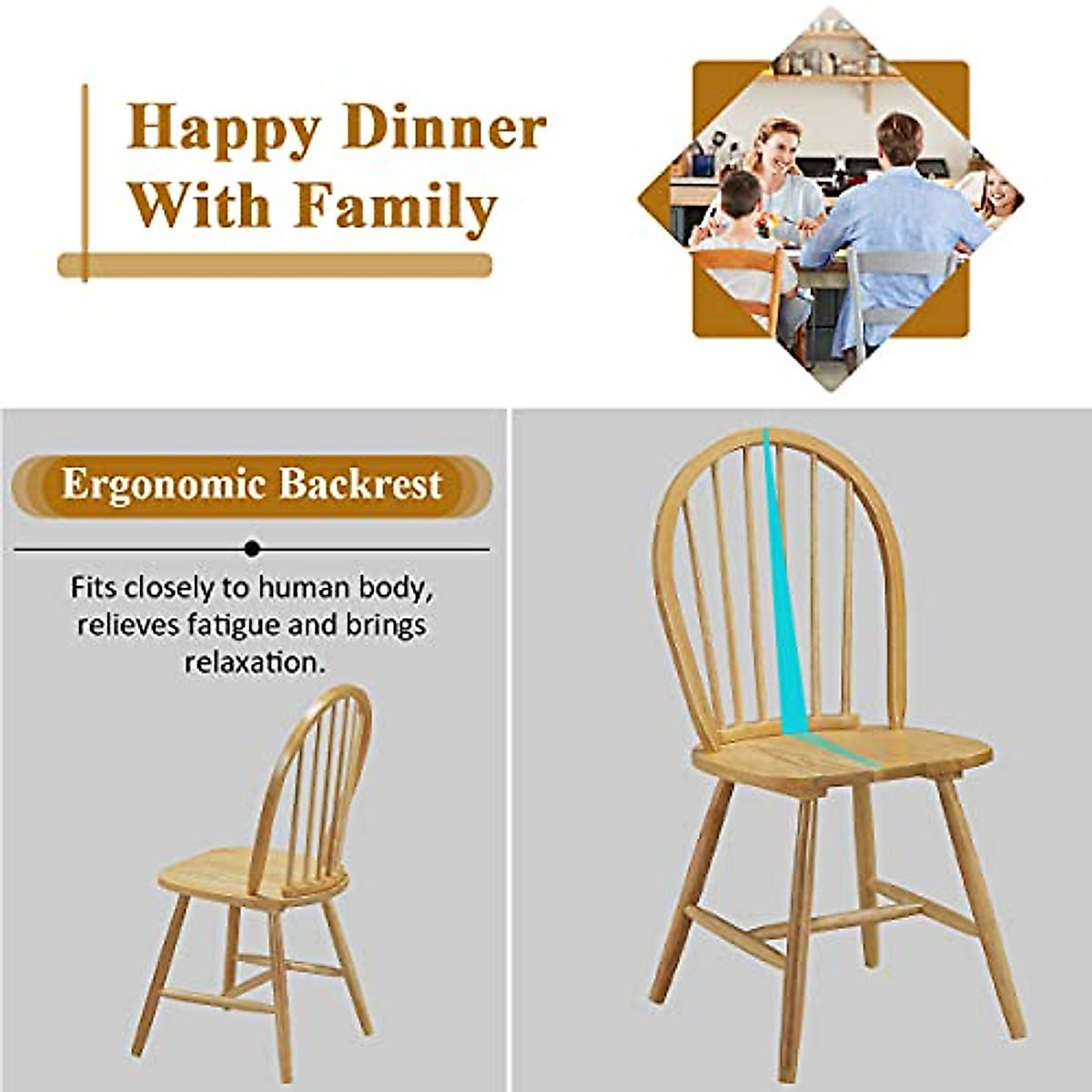 Giantex Set of 4 Windsor Chairs, Wood Dining Chairs, French Country Armless Spindle Back Dining Chairs, Farmhouse Kitchen Dining Room Chairs, Oak