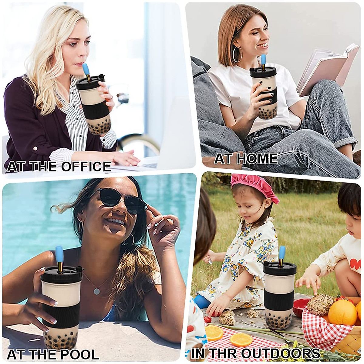 UHAPEER 2 Pack Reusable Boba Cup Bubble Tea Cups, 24 OZ Boba Tea Cup Boba Cups and Lids and Straw, Mason Jar Silicone Sleeve, Glass Iced Coffee Cup, Smoothie Cups with Lids, Glass Bottles for Juicing