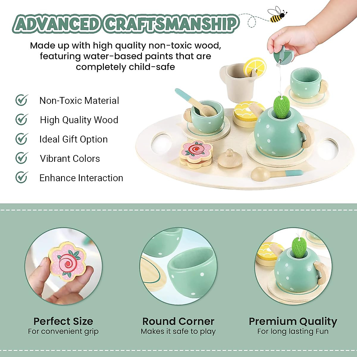 JEVASO KID'S Wooden Tea Party Set for Little Girls, Toddler Tea Set Food Pretend Play Accessories, Kids Kitchen Montessori Tea Set Wooden Toys for 2 3 4 5 6 Year Old Girl.