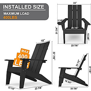 MXIMU Modern Adirondack Chair Weather Resistant with Cup Holder Oversized Fire Pit Chairs Adorondic Plastic Outdoor Chairs for Firepit Area Seating (Black)