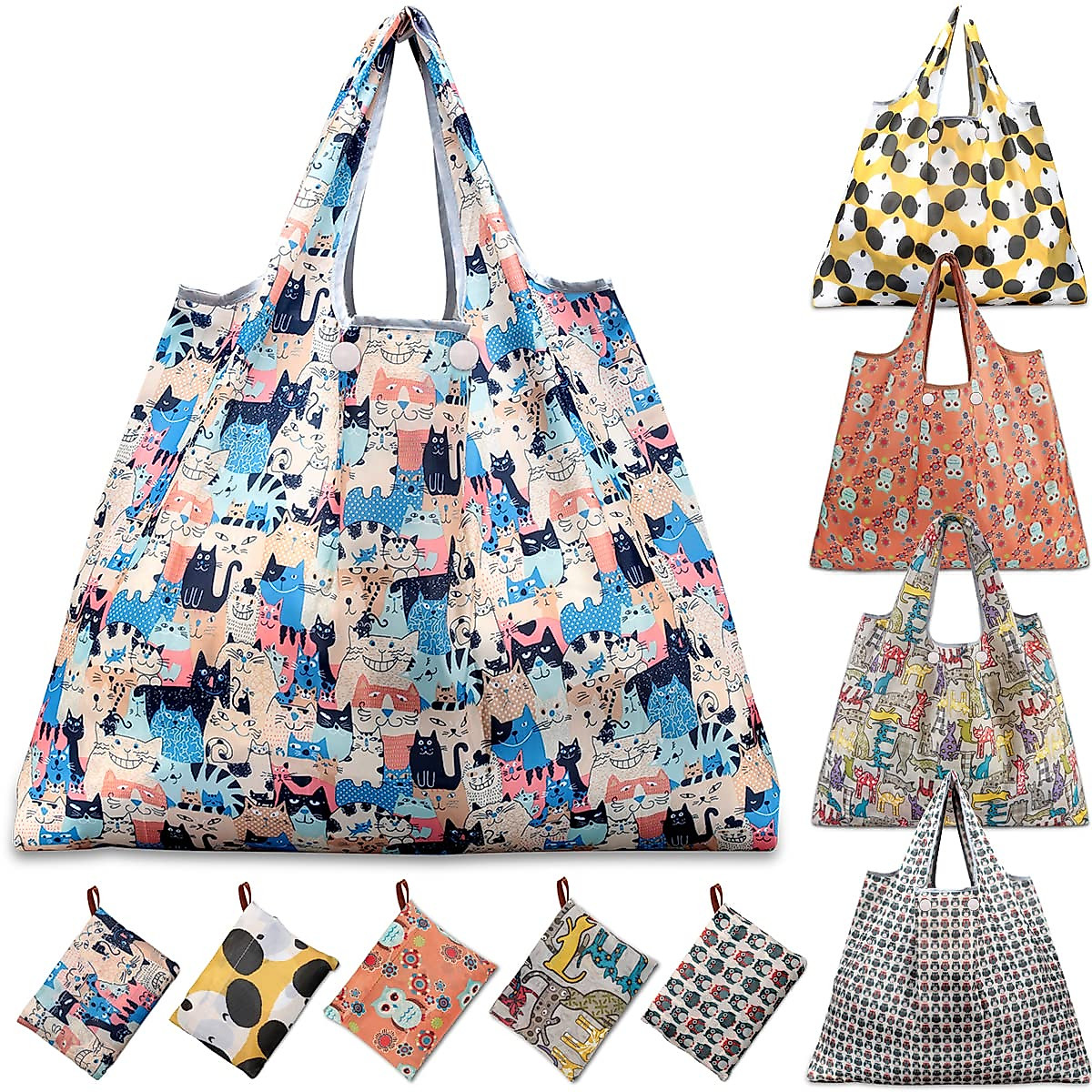 KINGMAS 5 Pack Reusable Grocery Bags, Eco-Friendly Folding Tote Shopping Bag fits in Pocket, Washable Waterproof Nylon holds Heavy Groceries Pouch Bags