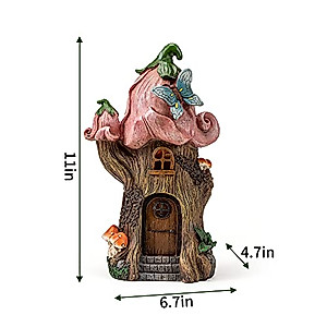 Fairy Garden Accessories Outdoor Statues, Mushroom House Decor,Large Gnome Solar Powered Lights Sculptures,Pink Resin Figurine Butterfly Figurines Lawn Ornaments for Patio Yard Decorations 11Inch