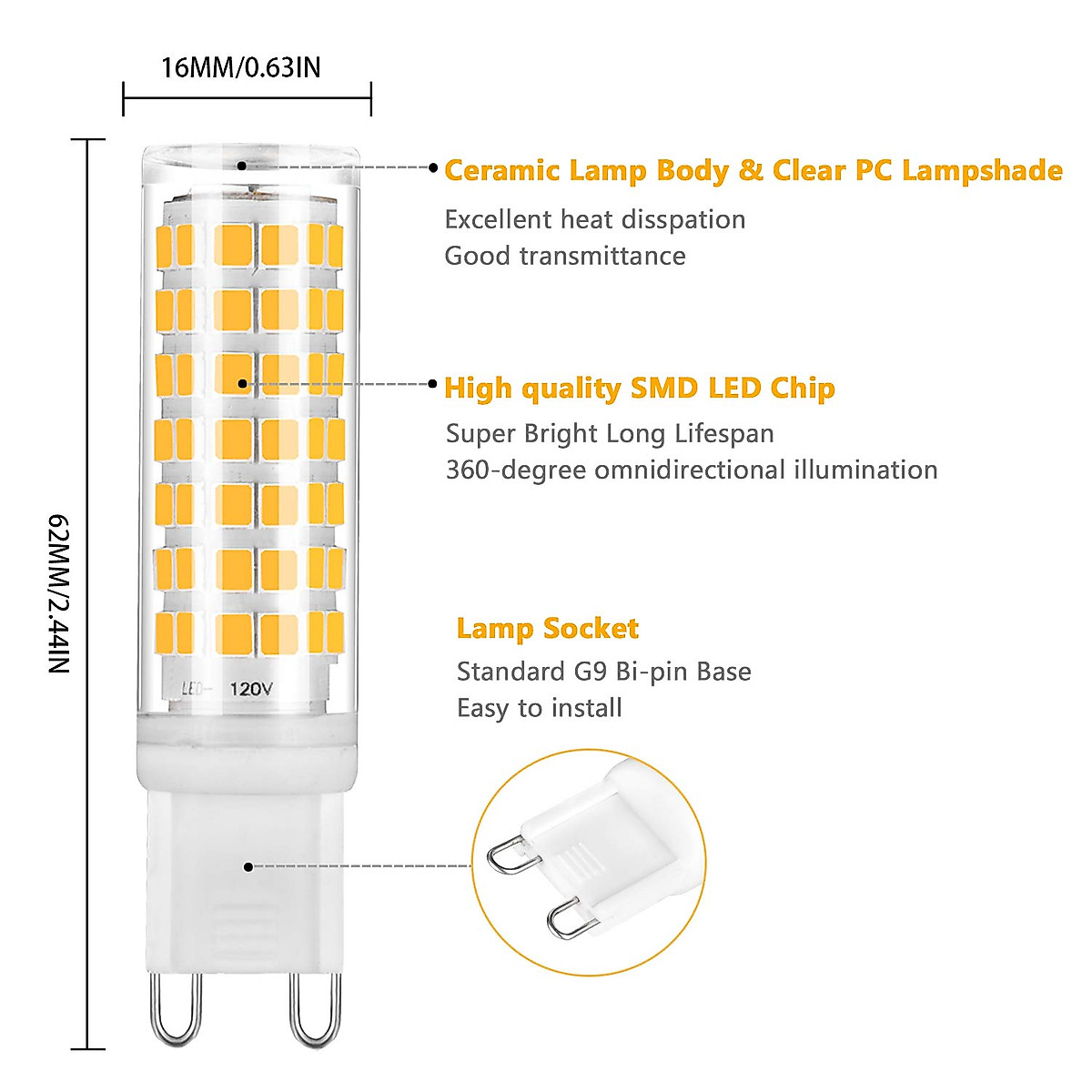 YUIIP G9 LED Bulb Dimmable 6W Warm White 3000K, T4 G9 Ceramic Bi-pin Base Light Bulbs AC 120V 530LM, 50W 60W Halogen Bulb Equivalent, G9 Light Bulbs for Chandelier, 6 Pack