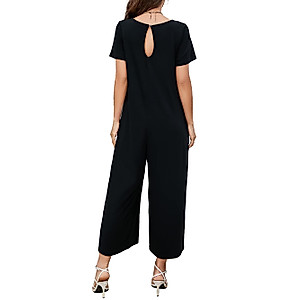 Qnasey Women's Summer Short Sleeve Loose Crewneck Jumpsuit Rompers Wide Long Pant Loungewear with Pockets Samll Black