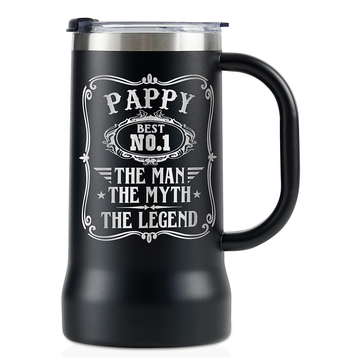 Onebttl Pappy Gifts Stainless Steel Beer Stein Tumbler, 24oz Beer Mug with Lid for Father's Day, Christmas - Man Myth Legend