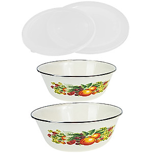 Angoily 2 Sets of Enamel Bowls with Lids Enamelware Soup Basins Vintage Salad Bowl Enamel Noodle Bowls Round Serving Bowl Vegetable Fruit Containers