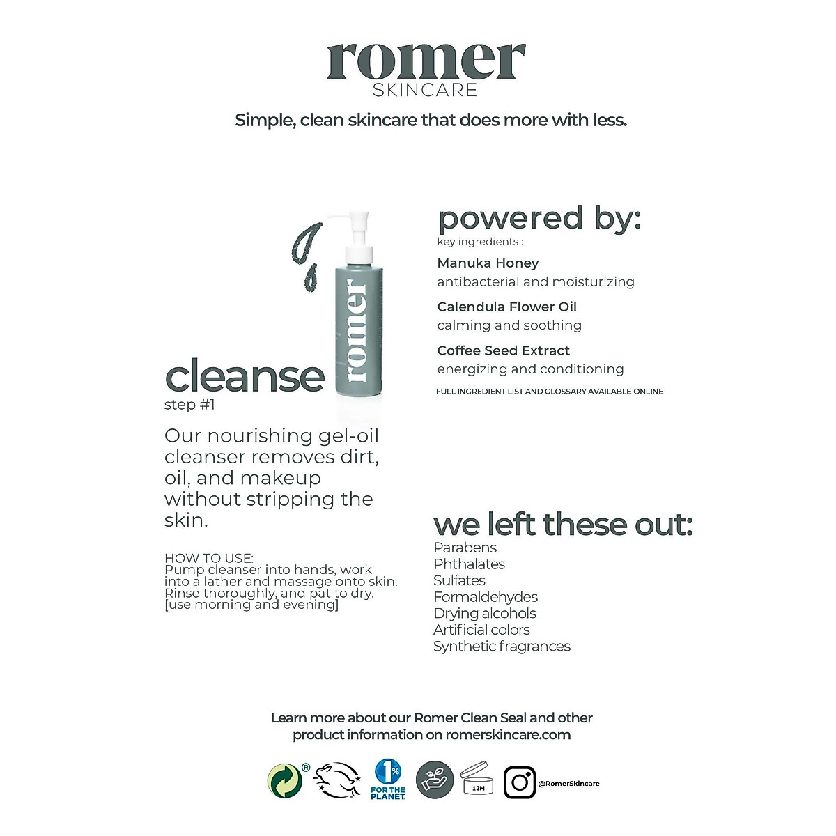 ROMER Skincare Cleanse Nourishing Gel-Oil Cleanser - Gentle Aloe-based Face Wash, Hydrating, Makeup Removing (190ml/6.4oz)