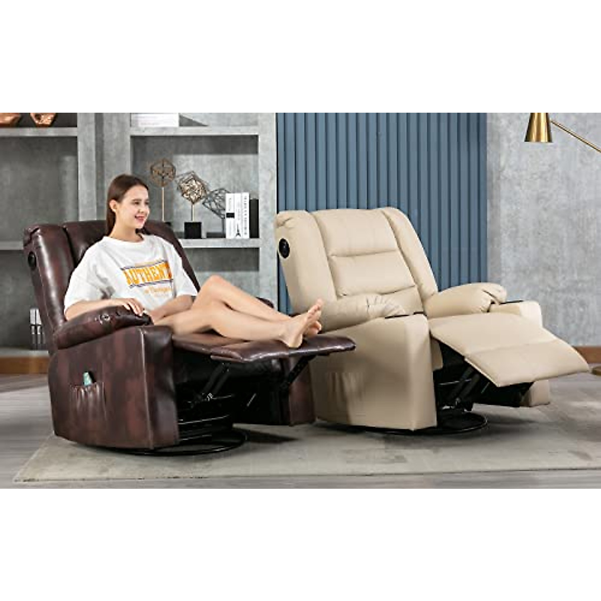 COMHOMA Massage Recliner Chair with Speaker Pu Leather Home Theater Recliner Chair with Heat Rocker Recliner with Heated Massage Ergonomic Lounge Swivel Cup Holder for Living Room Brown
