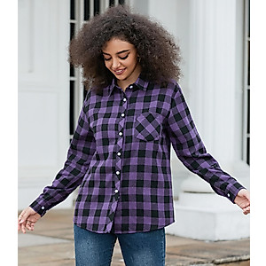 SANGTREE Womens Flannel Shirt, Casual Plaid Tops Long Sleeve Button Down Shirt for Women Buffalo Purple, Medium