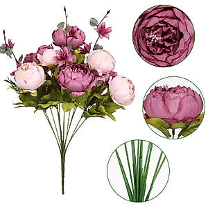 Flojery Silk Peony Bouquet Vintage Artificial Peonies Flower for Home Wedding Party Decor (1pcs, Bean/Peach)