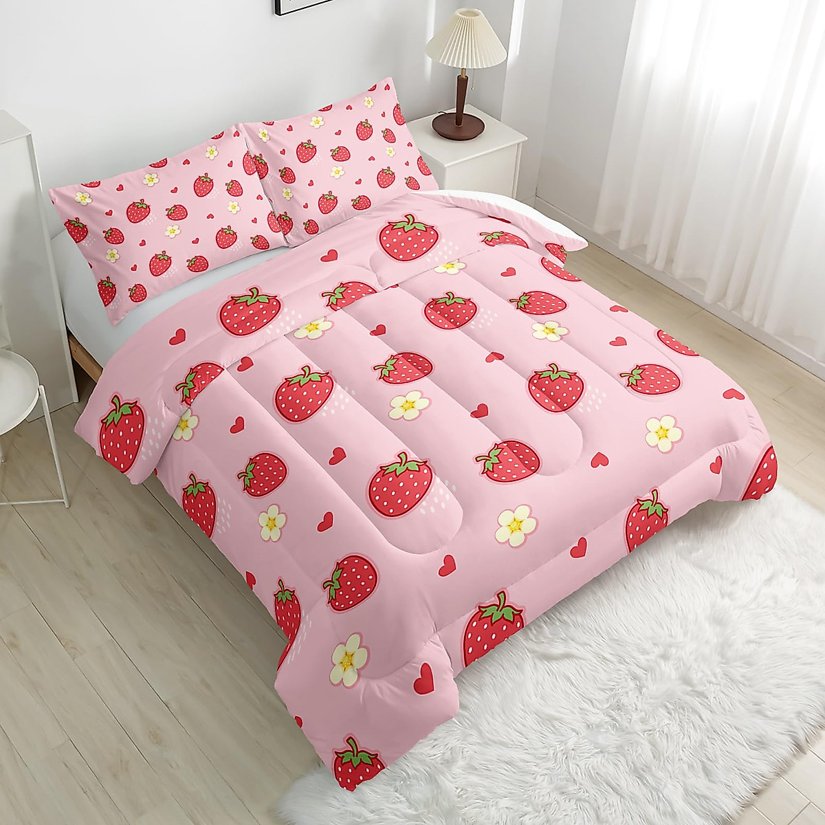 Nttopship Cute Strawberry Comforter Sets，Bedding Sets Full Size for Kids,Cute Strawberries and Flowers Comforter Sets All Season 1 Comforter and 2 Pillowcases