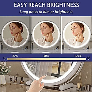 Hasipu Vanity Mirror with Lights, 18" LED Lighted Smart Touch Control 3 Colors Dimmable Round Mirror 360°Rotation White