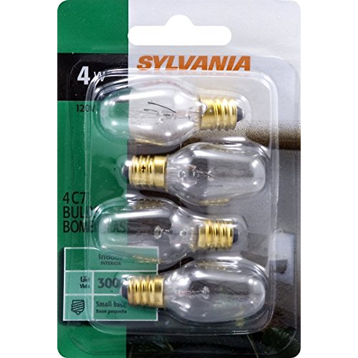 SYLVANIA Incandescent Light Bulb, C7, 4W, Candelabra Base, 15 Lumens, 2850K, Non-Dimmable, Clear, Soft White - 4 Pack (13549)
