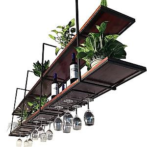 Ceiling Glass Rack Floating Shelves,Ceiling Shelf,Retro Bar Restaurant Iron Ceiling Mounted Storage Shelf/Hanging Decorative Floer Stand,Can Bear 65kg