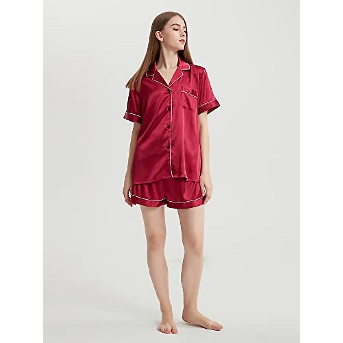 Honypove Silk Satin Pajamas for Women Super Soft Short Sleeve Womens Pajamas Sets Button-Down Sleepwear Pj Sets (Small, Wine Red)