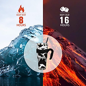 Exacmos 40 oz Tumbler with Handle and Straw 40 oz Cow Cup Insulated Stainless Steel Coffee Travel Mug Spill Proof Leak Proof Slim 40oz Tumbler with Handle Cow Decor Stuff Gifts for Women