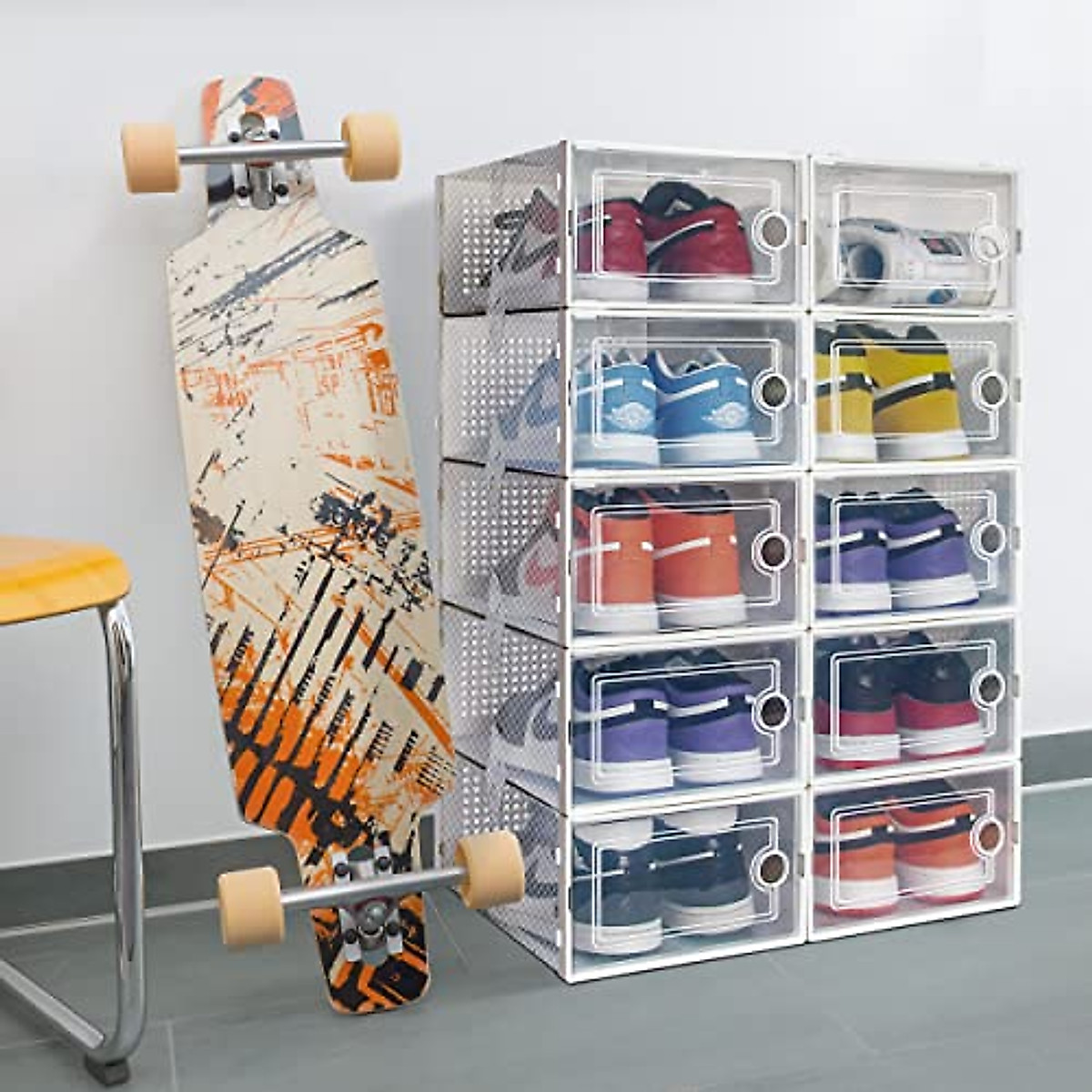 Hrrsaki 15 Pack Shoe Organizers Storage Boxes for Closet, Clear Plastic Stackable Shoe Containers with Front Opening Lids, Ventilation and Dust-proof, Under Bed Shoe Storage for Entryway, Drop Front, Cubby, Fit for Women/Men Size 9(13” x 9” x 5.5”), White