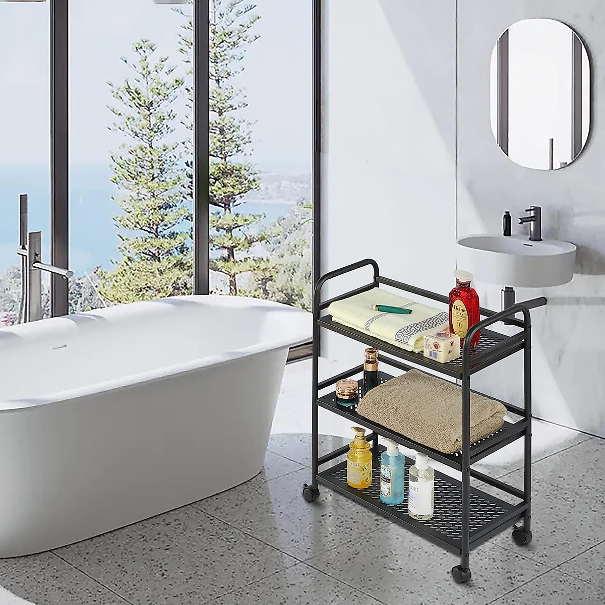 GYCZYCX 3-Tier Mesh Metal Rolling Cart,Multipurpose Heavy Duty Cart,Multipurpose Storage Rack,Utility Cart,High Capacity Cart with Locking Wheels (Black)