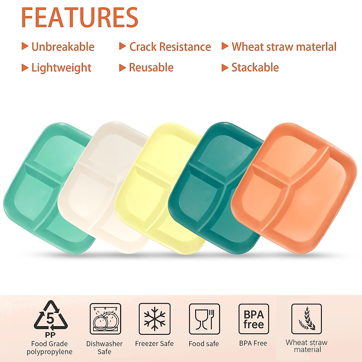 YUESHENGHAO 10 Inch Wheat Portion Control Dinner Plates, 5 Unbreakable Adult Separate Plates, 3 Compartment Square Kids Food Divider Plates Microwaveable, Great For Healthy Eating And Weight Loss