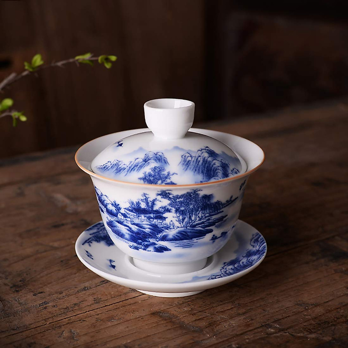 MULHUE Teacups set,Chinese Traditional Teaware Blue and White Porcelain Gaiwan Kungfu Tea bowl with Lid and Saucer - 180ml,Landscape