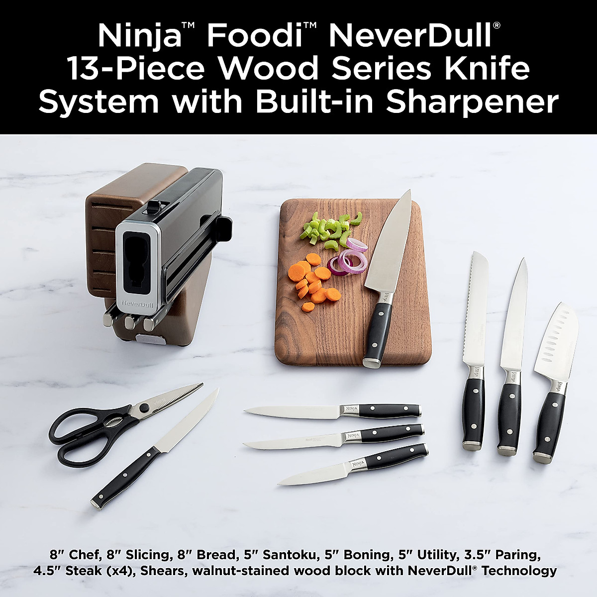 Ninja K52013 Foodi NeverDull Premium 13 Piece German Stainless Steel Wood Series Knife System with Built-in Sharpener, Walnut Stain/Black